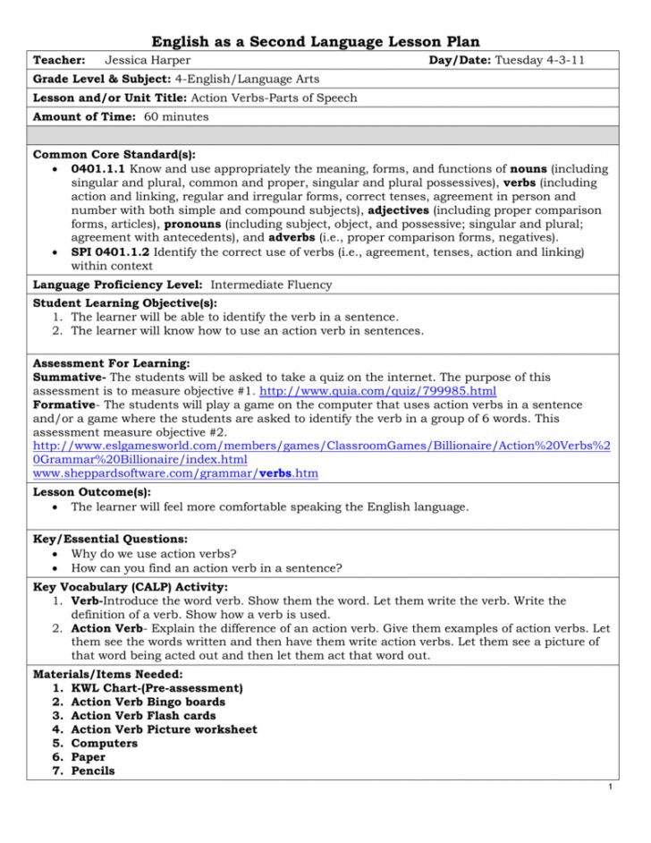 Action Verbs-Esl Lesson Plan 1 - Lesson Plans Learning