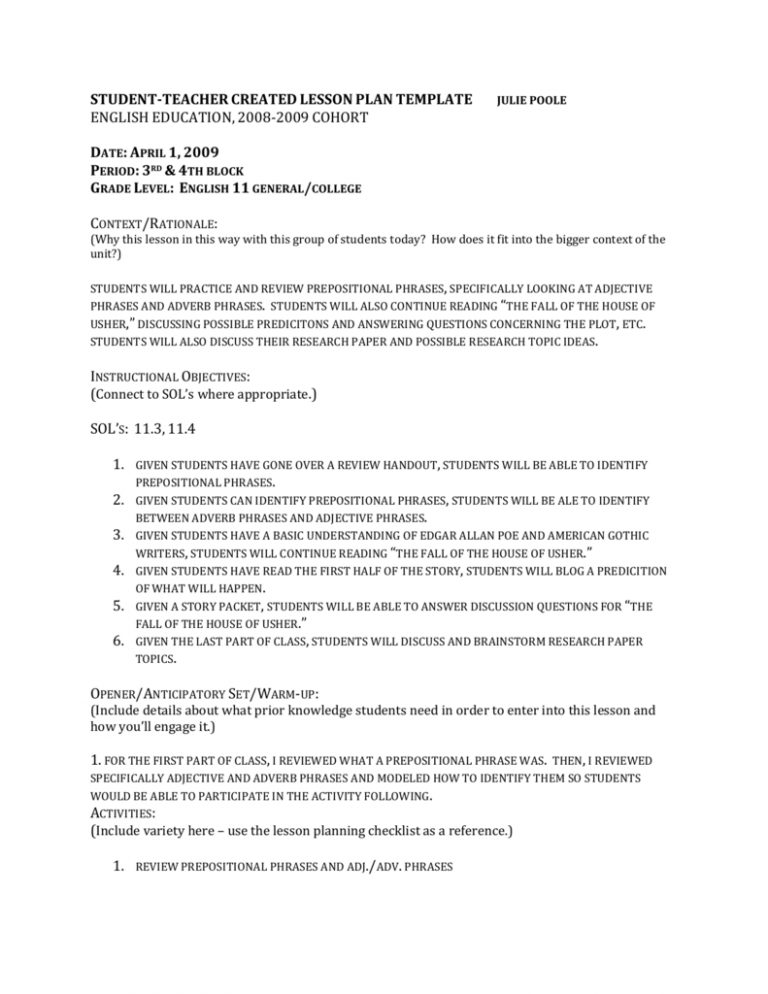 Adjective Adverb Phrase Lesson Plan - Lesson Plans Learning