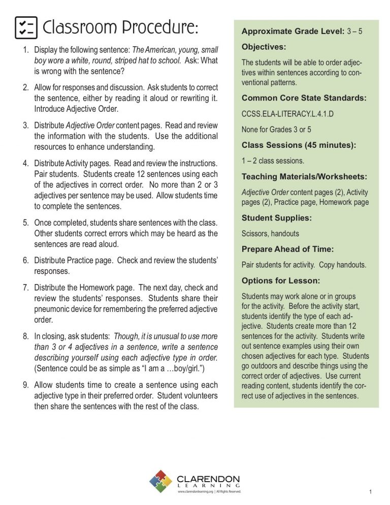 Adjective Order | Lesson Plans Learning