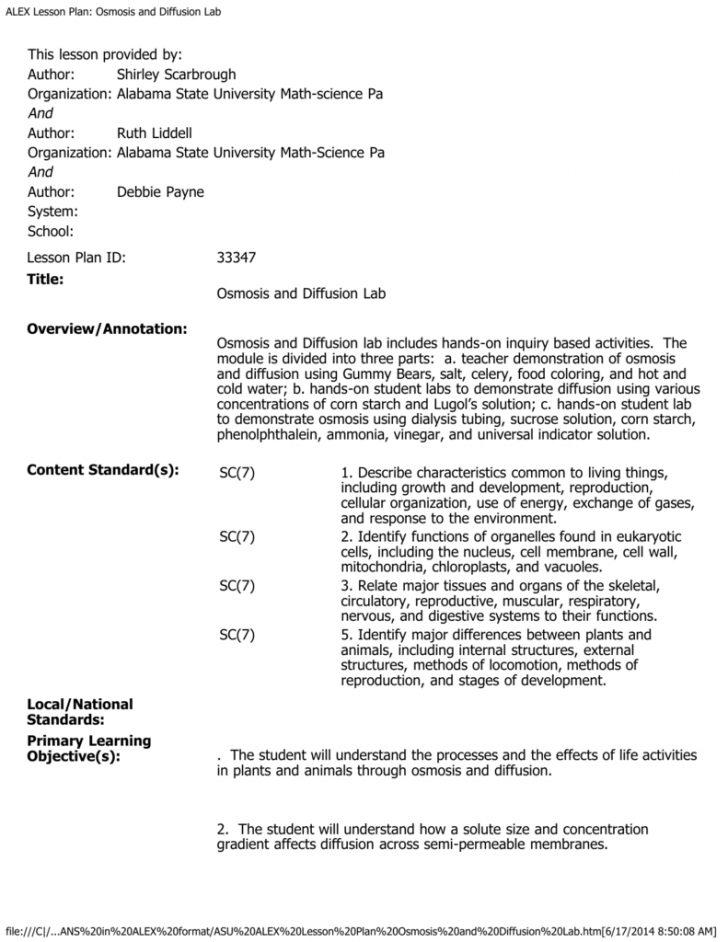 Alex Lesson Plan: Osmosis And Diffusion Lab - Lesson Plans Learning