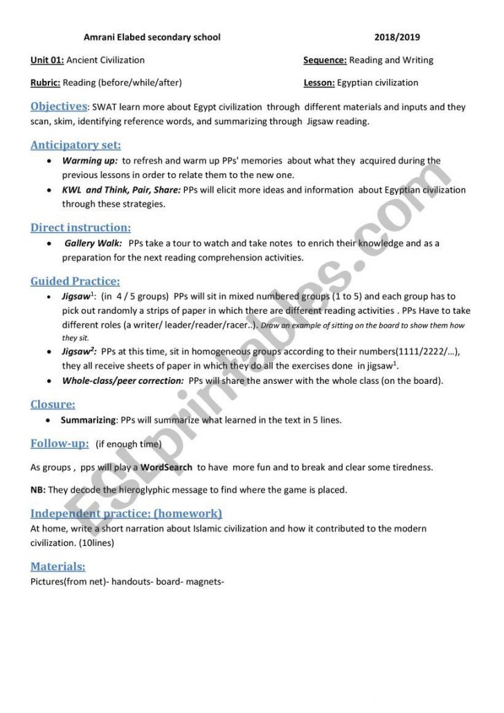 Ancient Egyptian Civilization Lesson Plan - Esl Worksheet - Lesson ...