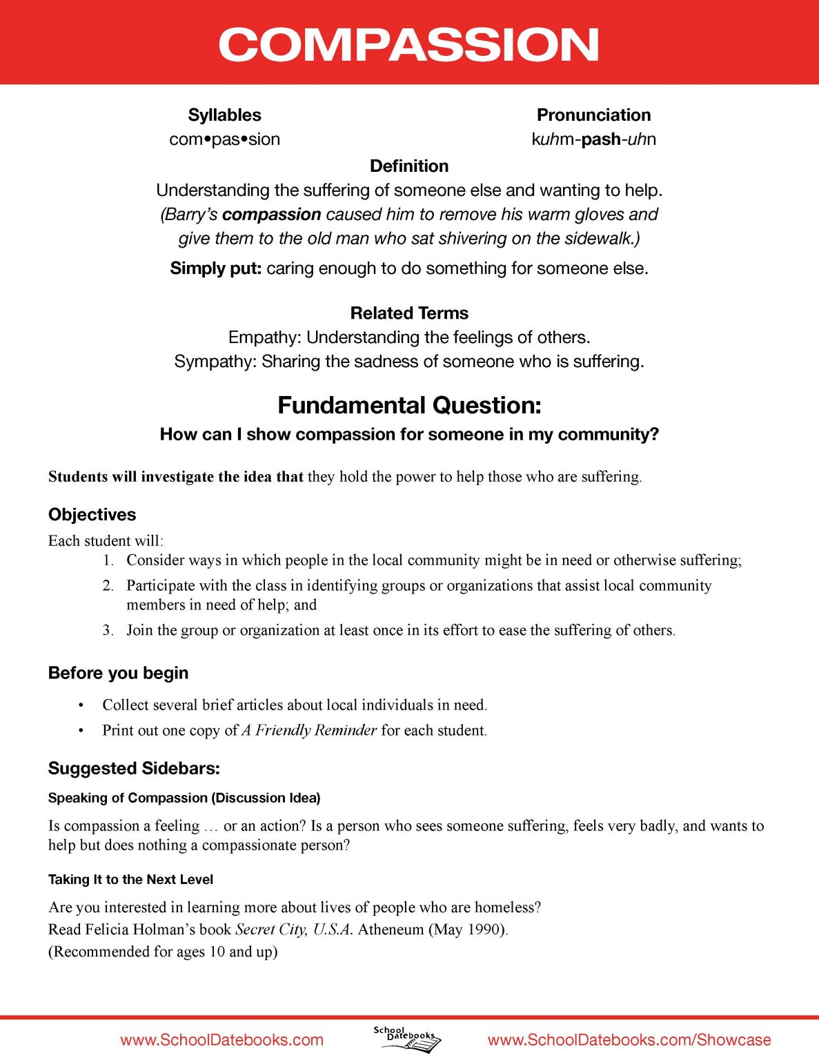 Compassion - Character Lesson Plan. Free, Downloadable, 52 - Lesson ...