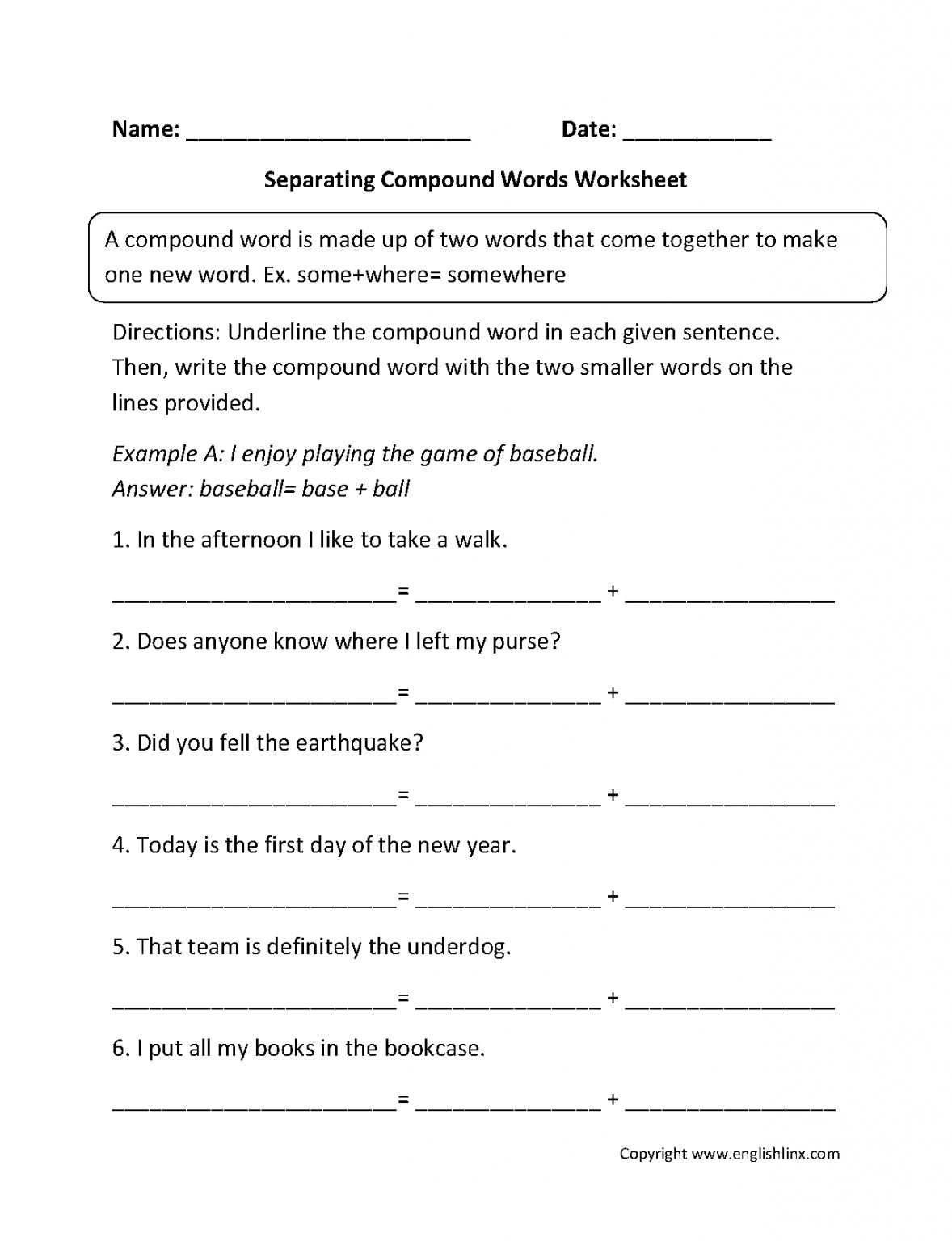 Compound Words Worksheets | Separating Compound Words Worksheets ...