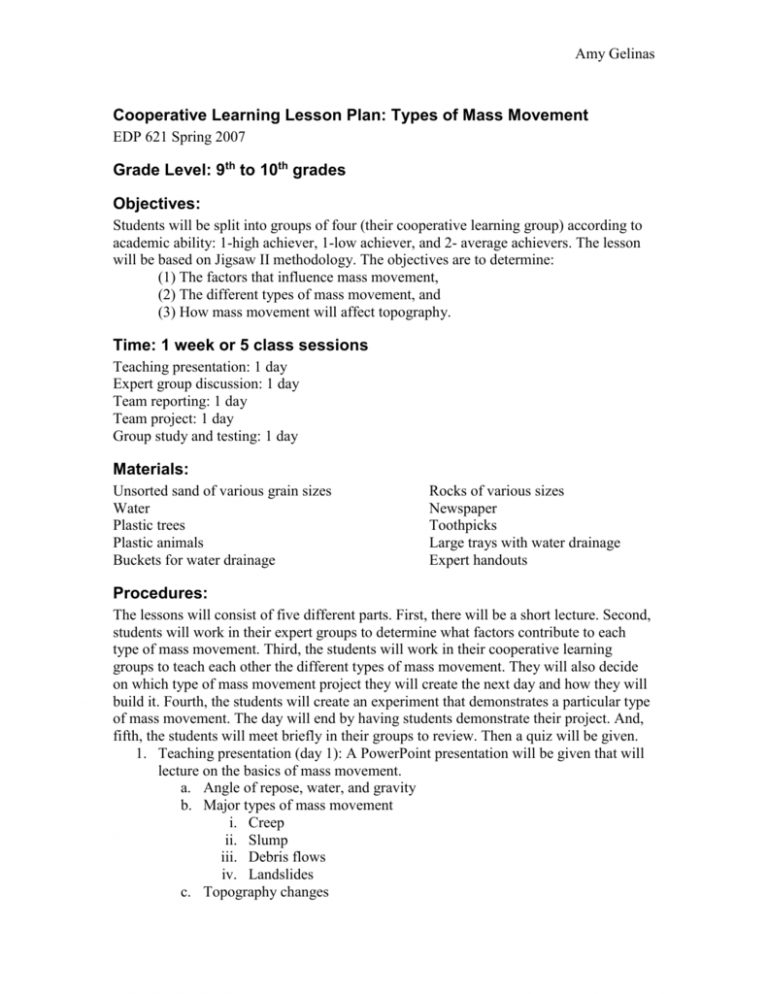 Cooperative Learning Lesson Plan: Types Of Mass Movement - Lesson Plans ...