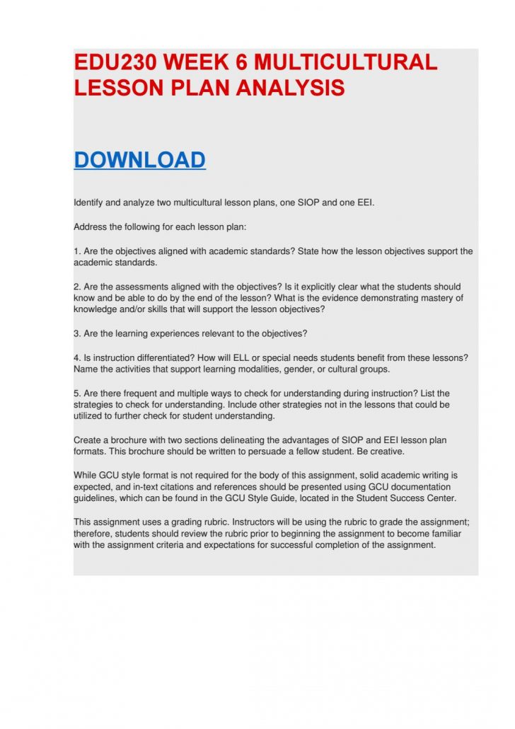 Edu230 Week 6 Multicultural Lesson Plan Analysis - Lesson Plans Learning