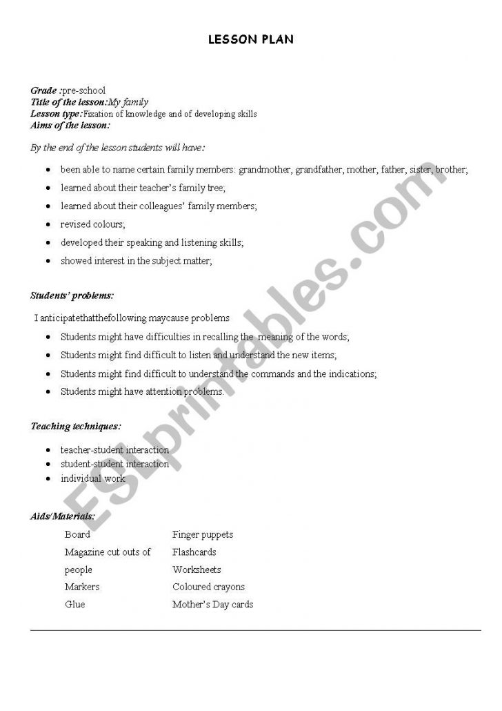 Family Lesson Plan - Esl Worksheetralume - Lesson Plans Learning