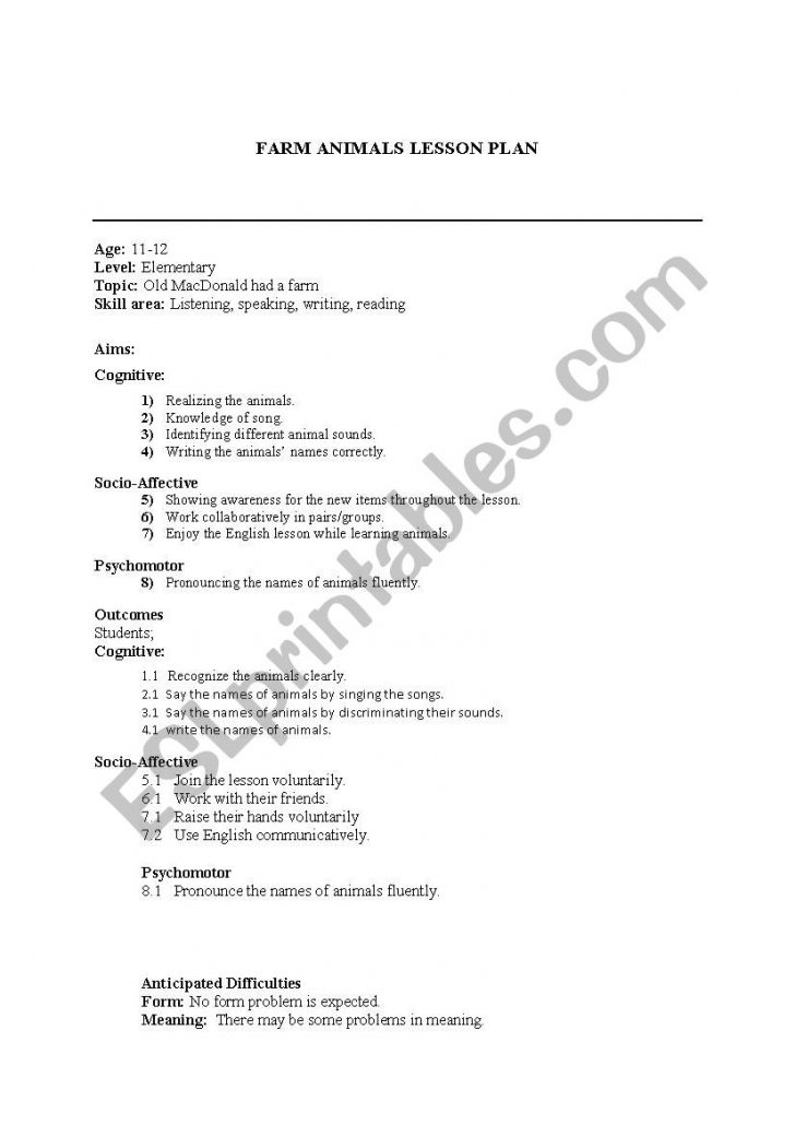 Farm Animals Lesson Plan - Esl Worksheetozzlemm_89 - Lesson Plans Learning