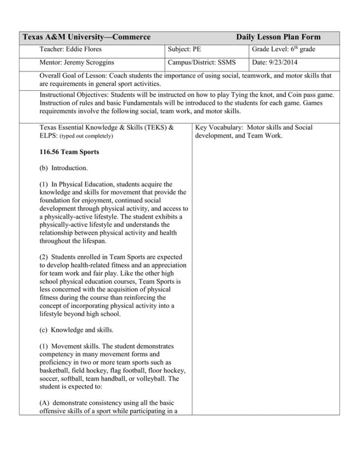 6th Grade Physical Education Lesson Plans - Lesson Plans Learning
