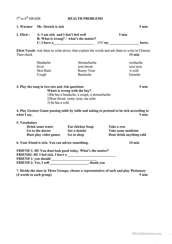 Health Problems Lesson Plan- Primary - English Esl - Lesson Plans Learning