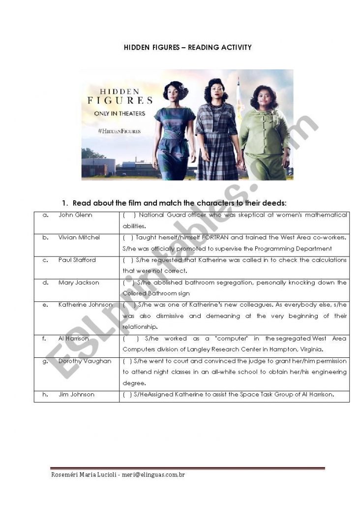 Hidden Figures - Reading Activity - Esl Worksheetmeri2015 - Lesson ...