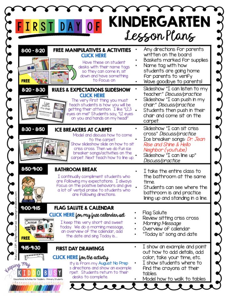Kindergarten - First Day Of School Lesson Plans Freebie - Lesson Plans ...