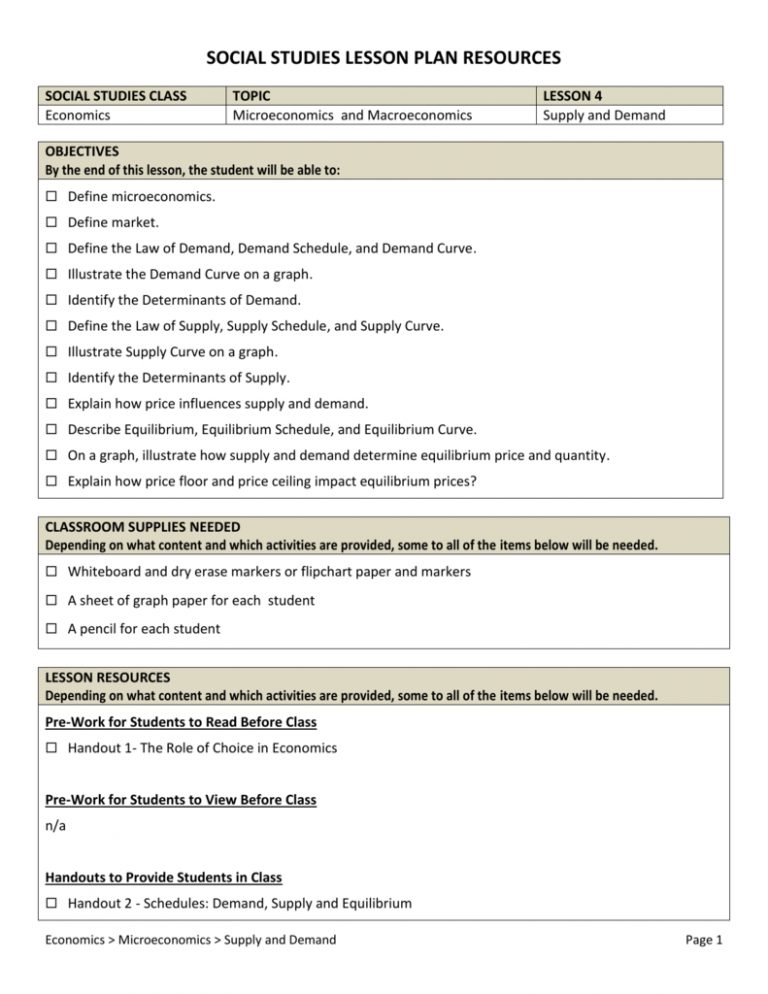 Supply And Demand Lesson Plans - Lesson Plans Learning