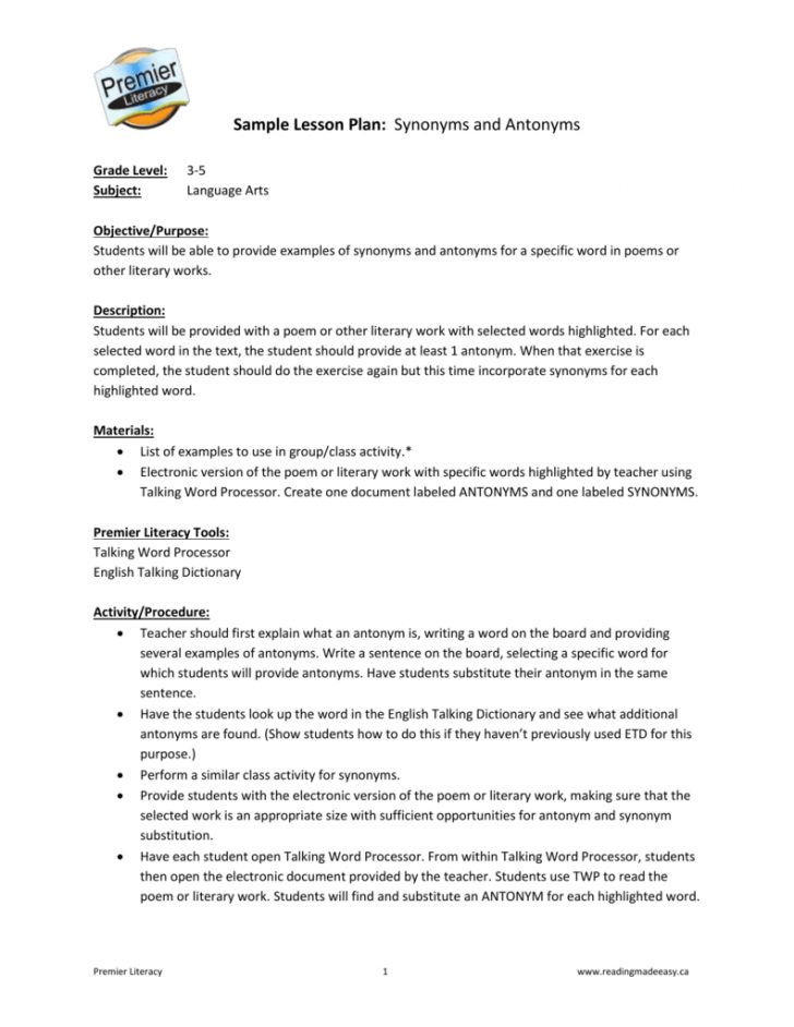 Lesson Plan - Antonyms And Synonyms - Lesson Plans Learning