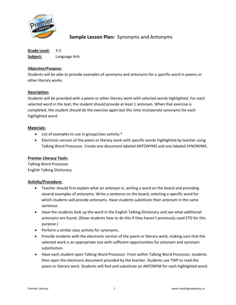 Lesson Plan - Antonyms And Synonyms - Lesson Plans Learning Lesson Plan - Antonyms And Synonyms - Lesson Plans Learning