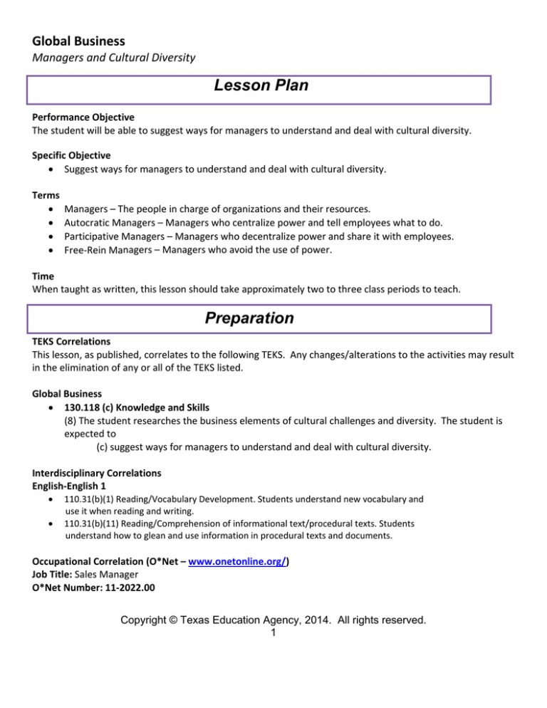 Lesson Plan Global Business Managers And Cultural Diversity - Lesson ...