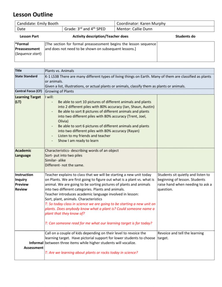 Lesson Plan Plants Vs Animals - Lesson Plans Learning