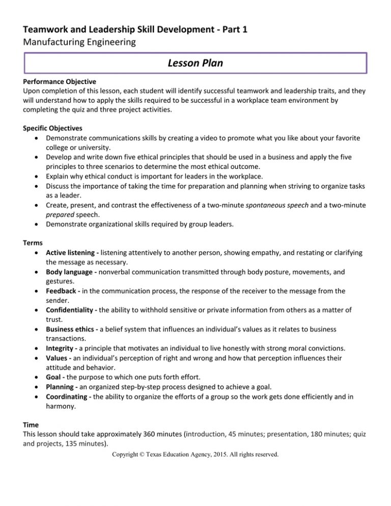 Lesson Plan Teamwork And Leadership Skill Development - Part - Lesson ...