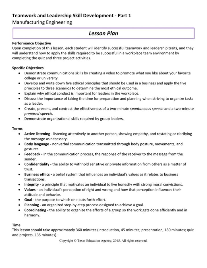 Lesson Plan Teamwork And Leadership Skill Development - Part - Lesson ...