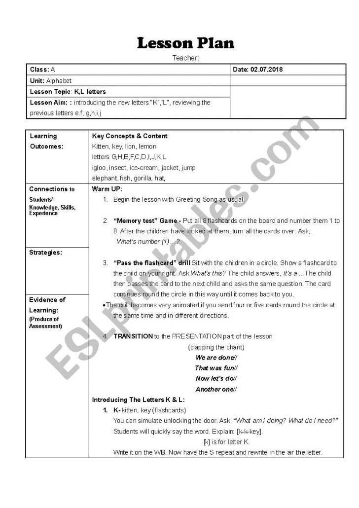 Lesson-Plan The Letter K And The Letter L - Esl Worksheet - Lesson ...