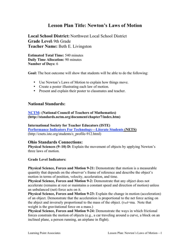 Lesson Plan Title: Newton`s Laws Of Motion - Lesson Plans Learning