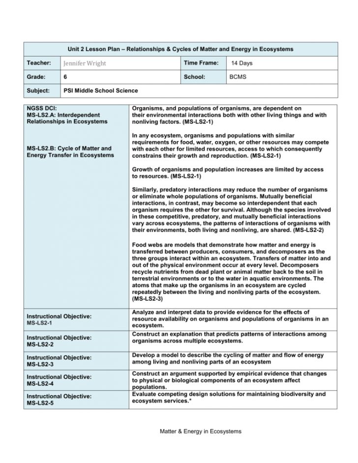 Matter And Energy In Ecosystem Unit Plan - Lesson Plans Learning