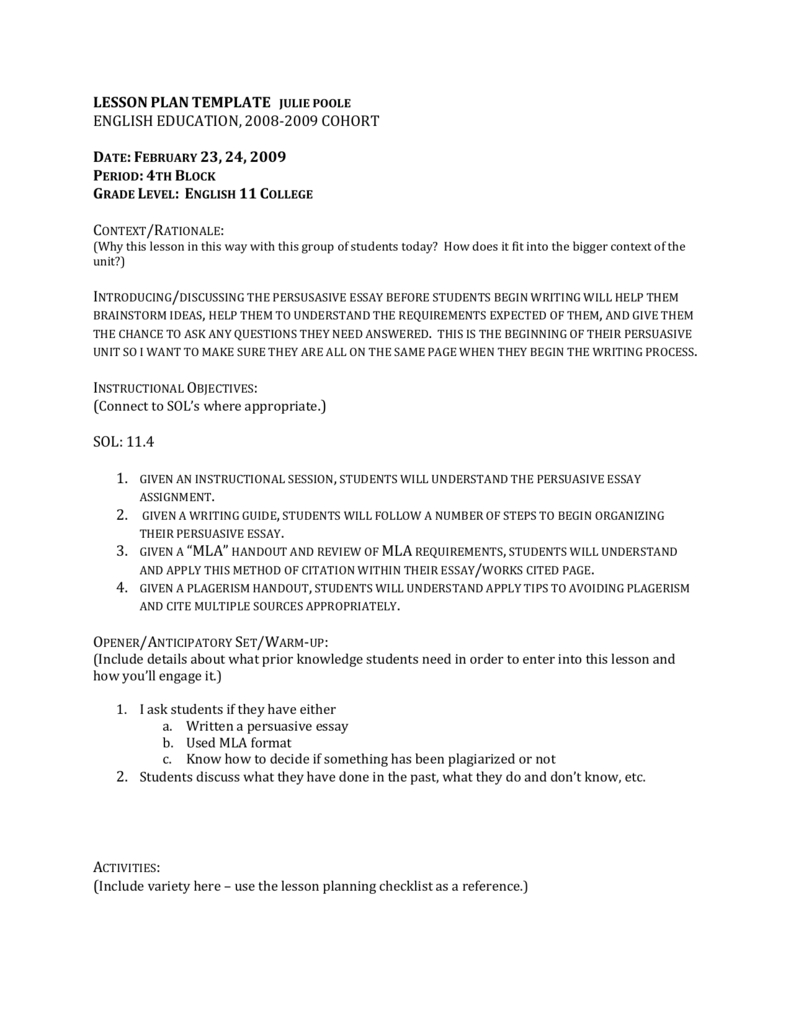Persuasive Essay Lesson Plan doc Lesson Plans Learning