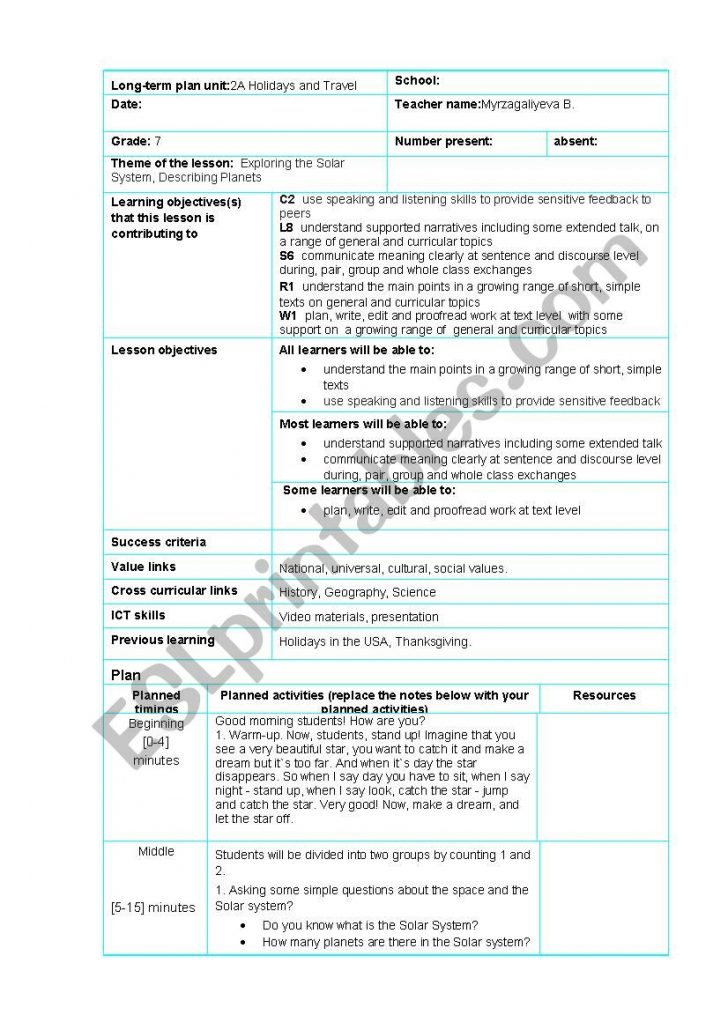 Planets Lesson Plan - Esl Worksheetbakhyt - Lesson Plans Learning