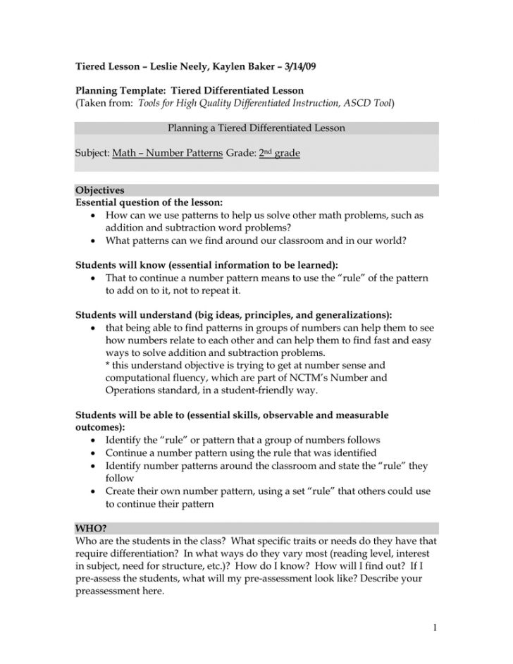 Planning Template: Tiered Differentiated Lesson - Lesson Plans Learning