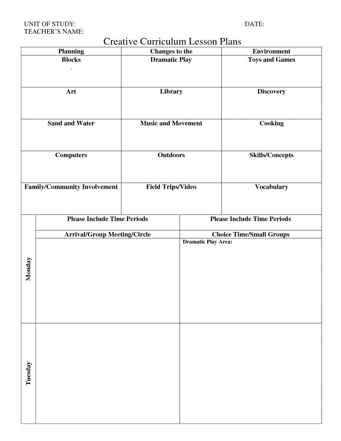 Print Creative Curriculum Lesson Plan - Bing Images - Lesson Plans Learning