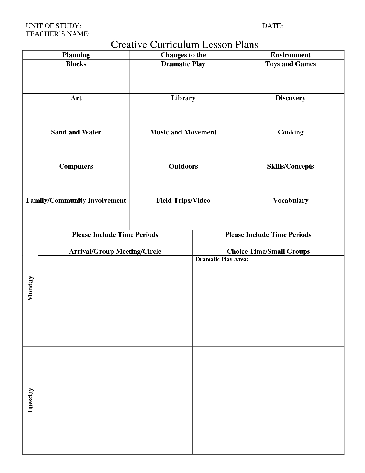 Creative Curriculum Blank Lesson Plan Creative Curriculum Lesson