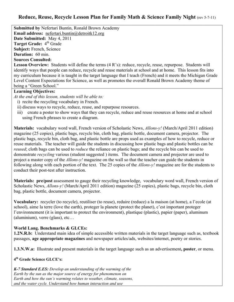 Reduce, Reuse, Recycle Lesson Plan For Family Math - Lesson Plans Learning