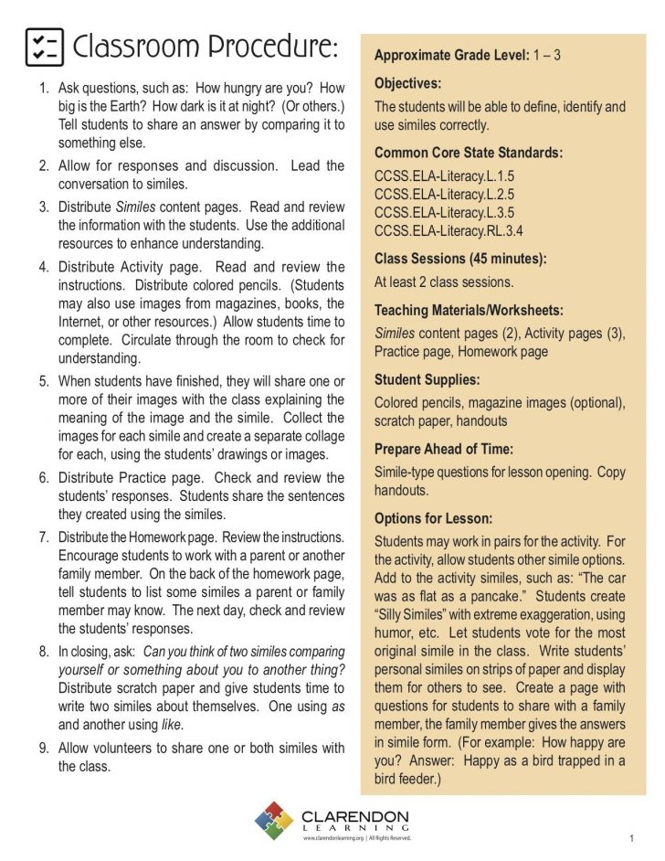 Simile Lesson Plans 3rd Grade - Lesson Plans Learning