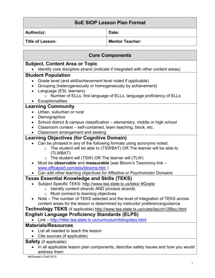 Siop Lesson Plan Guidelines Lesson Plans Learning