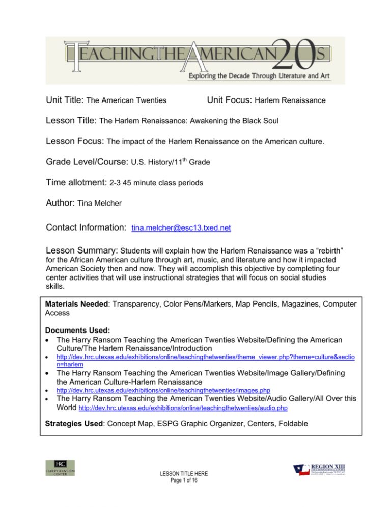 Harlem Renaissance Lesson Plans - Lesson Plans Learning